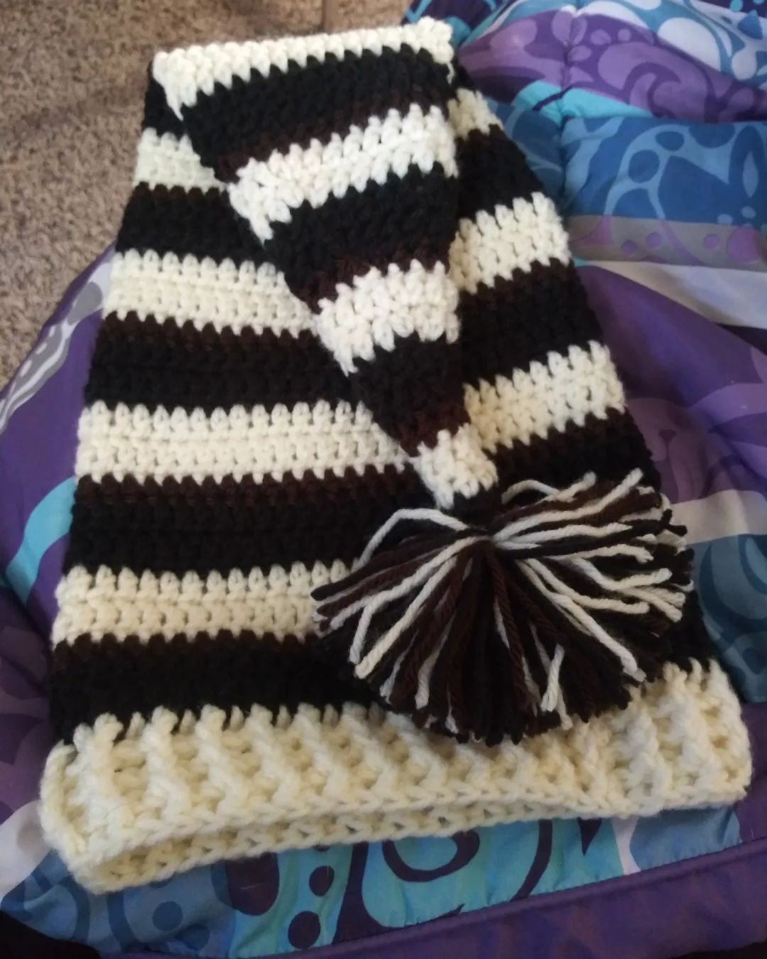 Crochet Striped Stocking Cap, Long Tail Hat With Pom-pom, Crochet ...