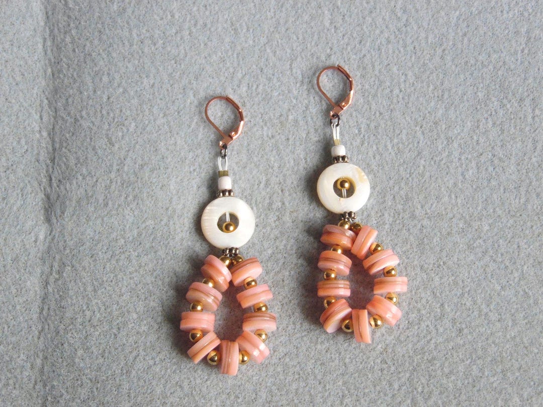 Pink Shell Loops Earrings: Dyed Seashell Disks, Metal Beads, Rose Gold ...