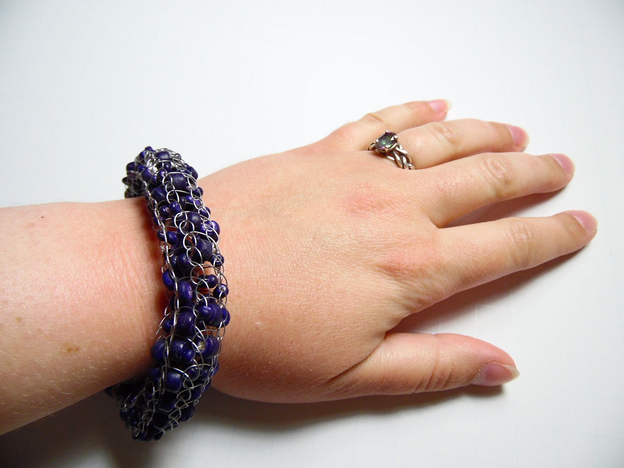 French Knit Wire Bracelet With Wood Beads Wood and Steel Wire - Etsy