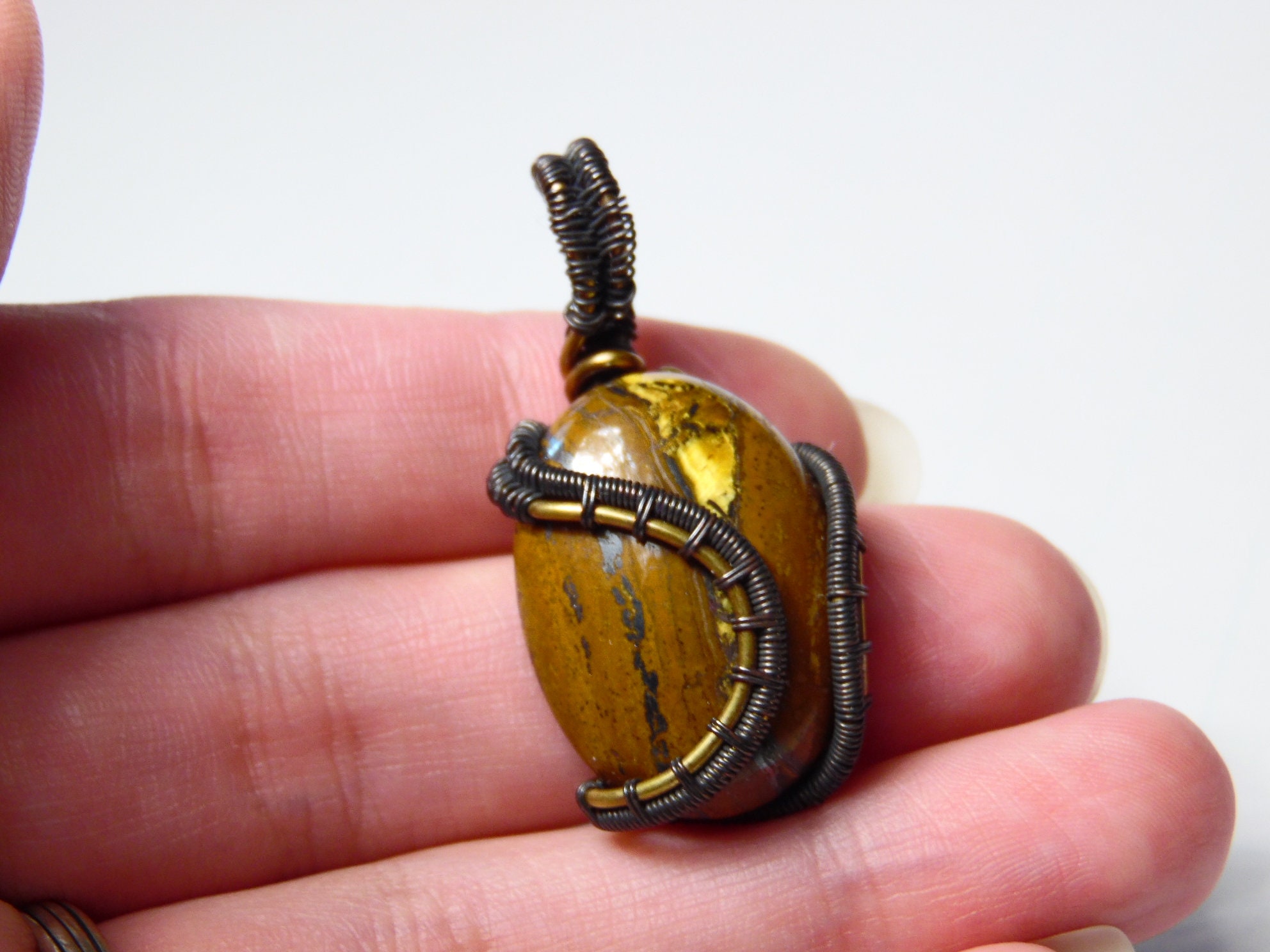 Tiger Iron Gemstone Wrapped in Copper and Brass, Wire Wrapped Pendant ...