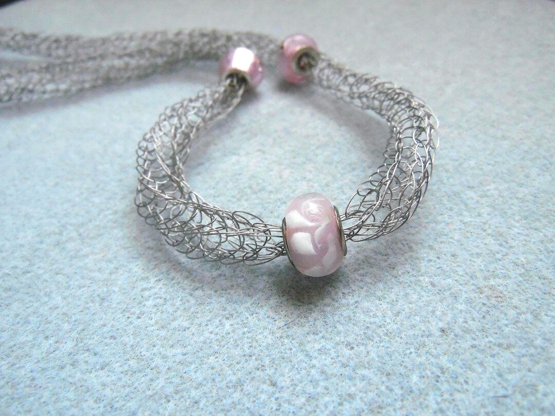 French Knit Wire Necklace With Pink Glass Beads, Steel Wire Mesh ...