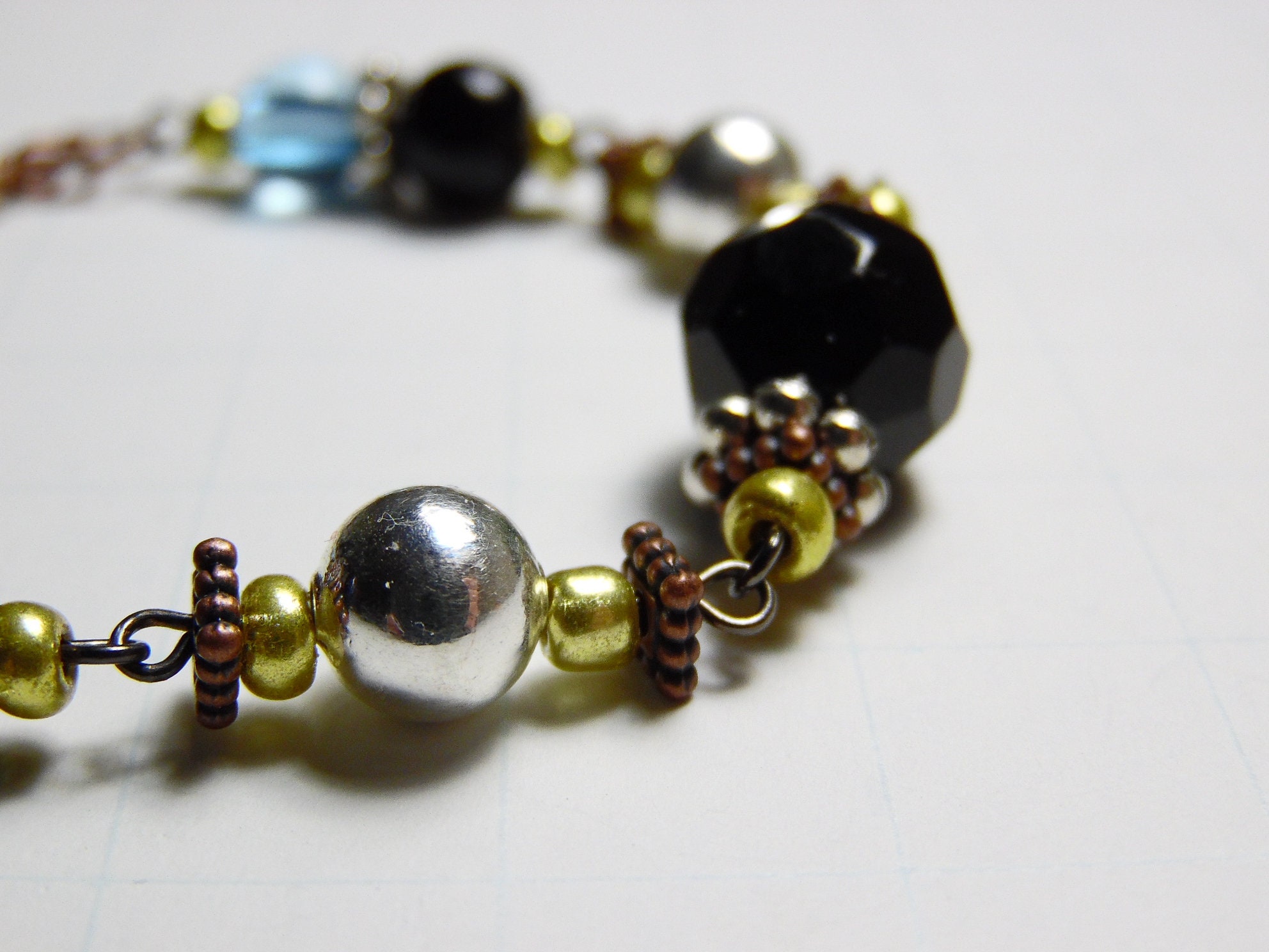 Black and Blue Beaded Segment Bracelet, Metal and Glass Jewelry, Women ...