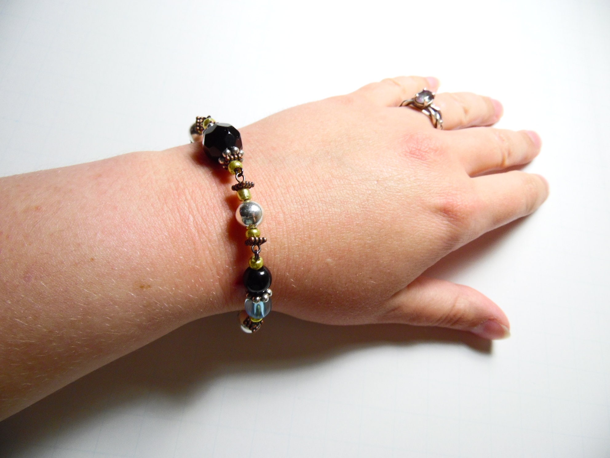 Black and Blue Beaded Segment Bracelet, Metal and Glass Jewelry, Women ...