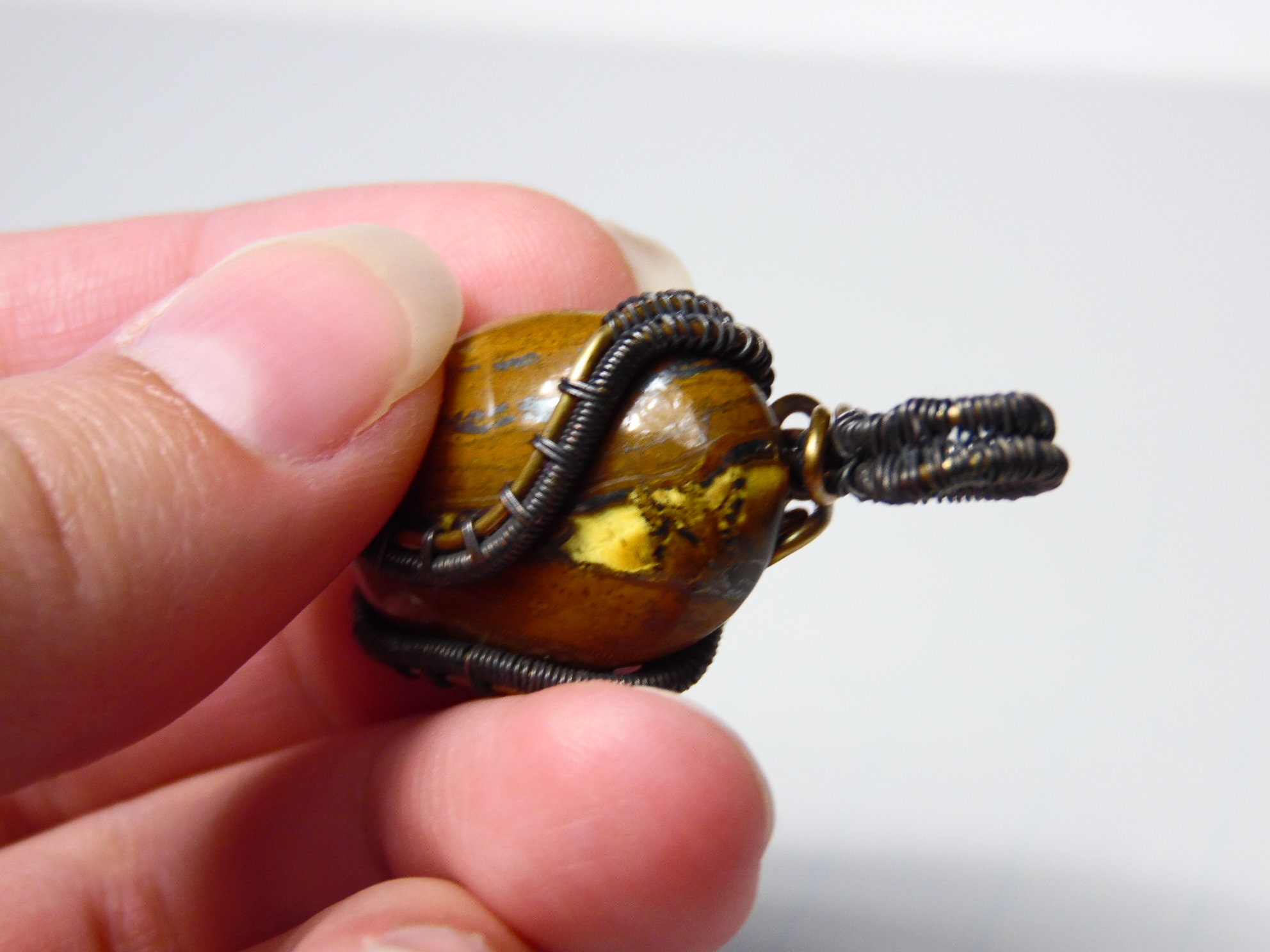 Tiger Iron Gemstone Wrapped in Copper and Brass, Wire Wrapped Pendant ...