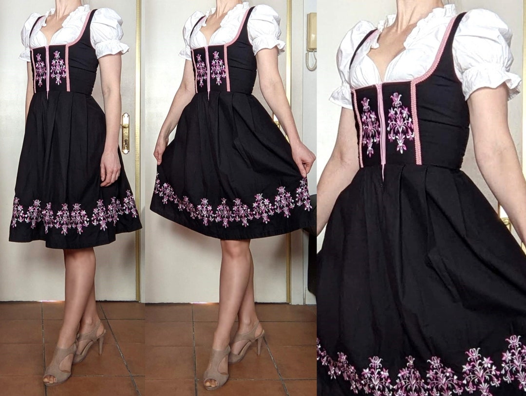 Vintage Black Dirndl With Pink & White Embroidery - Traditional German ...