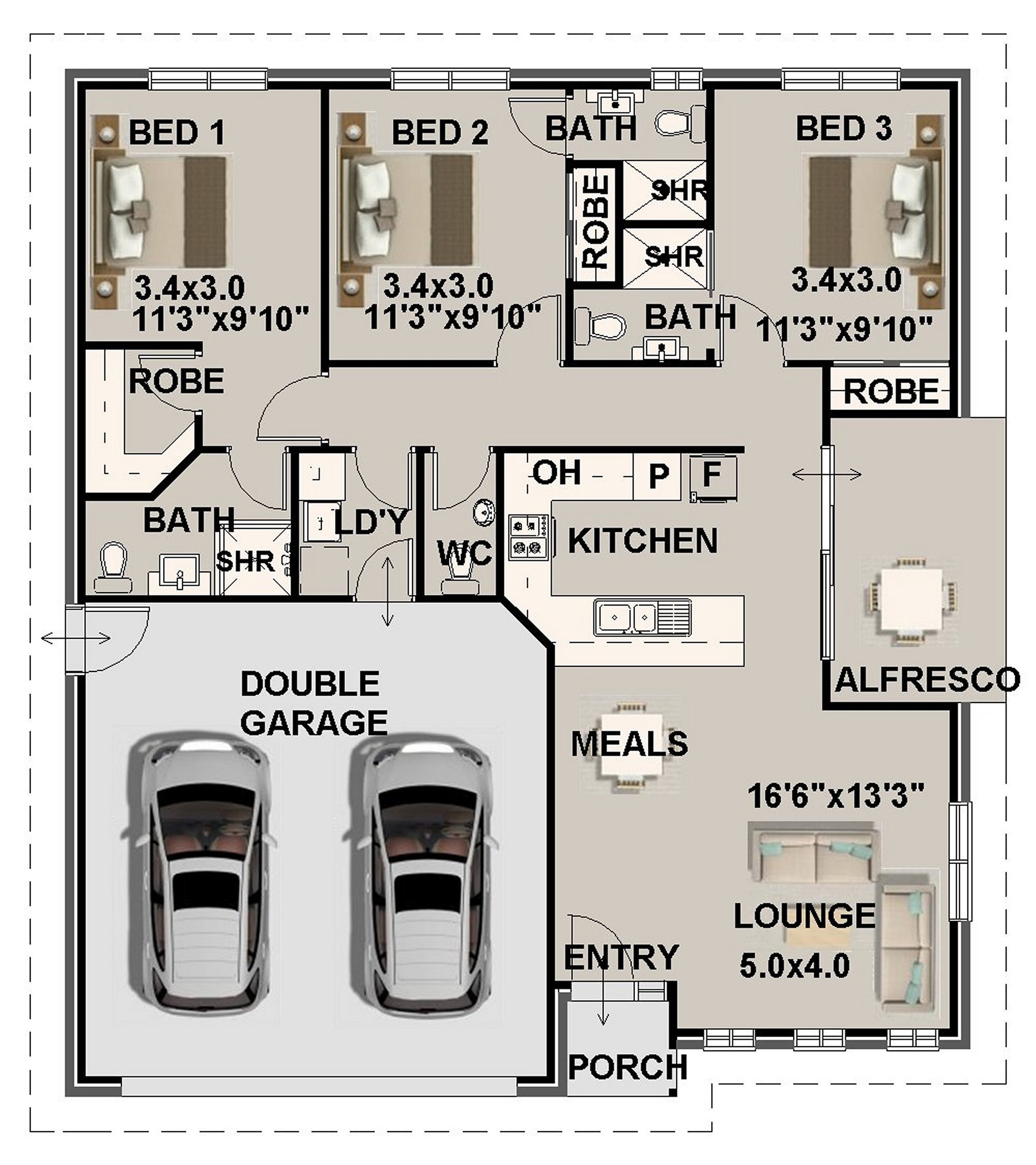 3-bedroom House Plan - 1,079 Sq. Ft. (100 Sq Meters) | Private Bathroom in Every Bedroom | Best ...