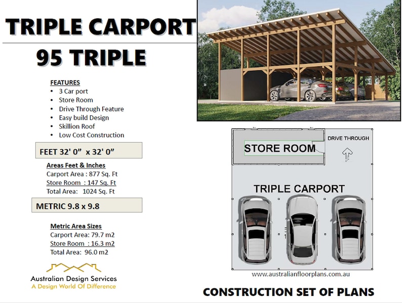 32 X 32 - (9.8 Meters X 9.8 Meters) 3 CAR CARPORT PLANS - Building ...