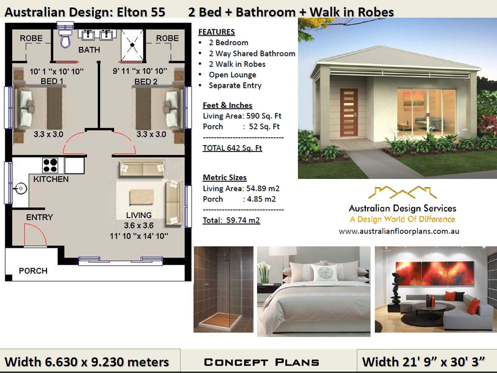 Small House Design - 55 Elton -59.74 M2 or 642 Sq Feet / 2 Bedrooms + 2 ...