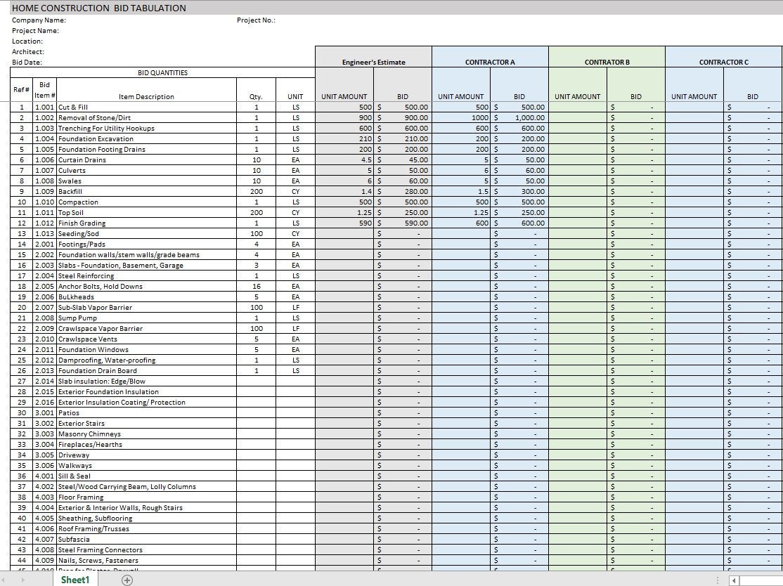 Construction Template for Sale - Building Quotes /bids Control TEMPLATE ...