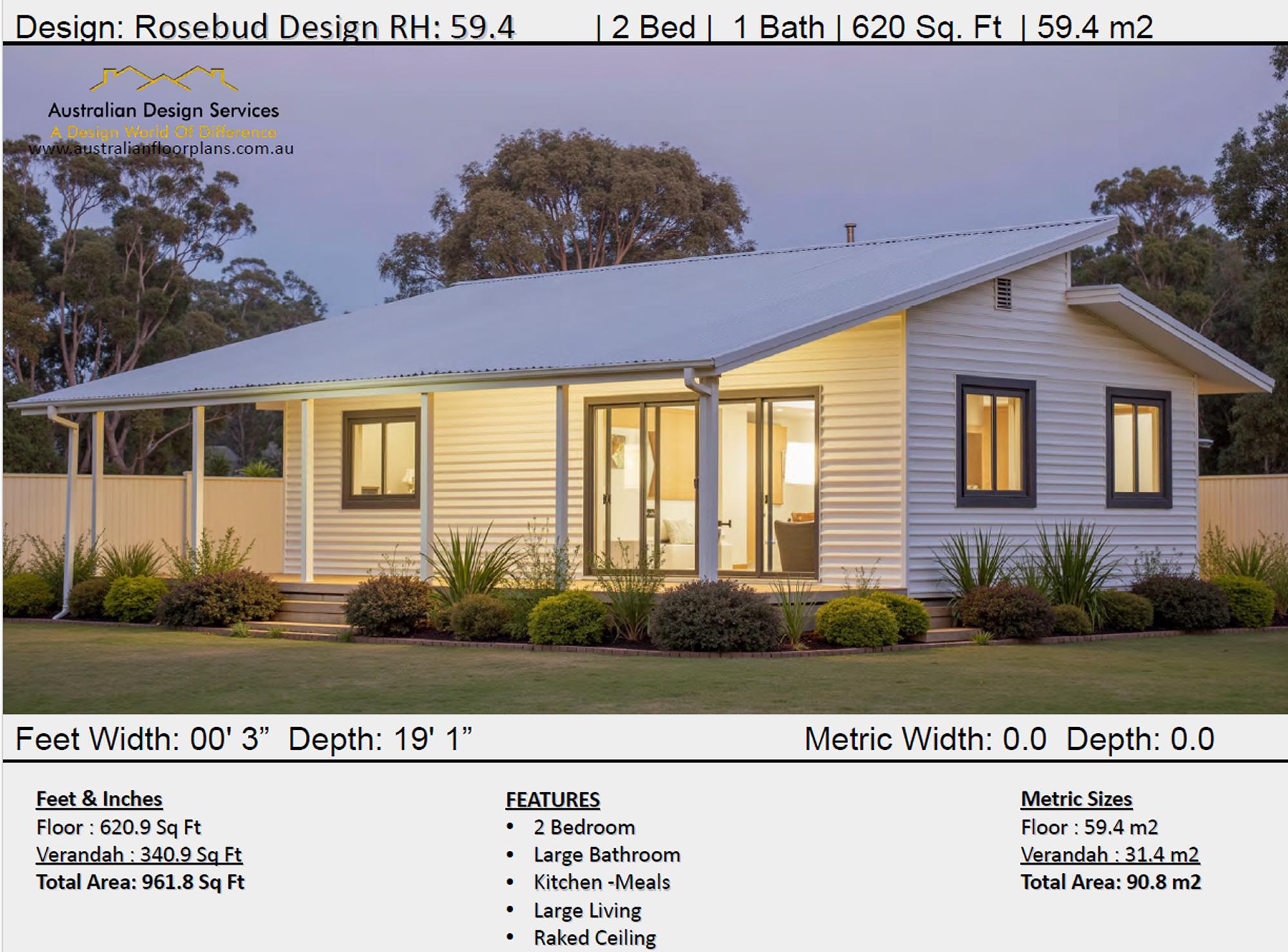 Living Area 59.4 M2 | 620 Sq. Foot | 2 Bedroom House Plan Rosebud ...