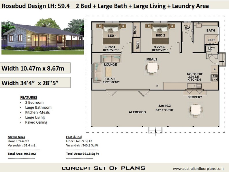 Living Area 59.4 M2 620 Sq. Foot 2 Bedroom House Plan Rosebud Concept ...