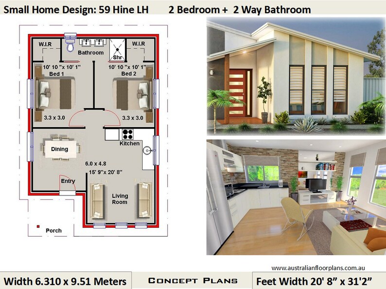 60 m2 685 sq foot 2 Bedroom house plan 59 Hine - Etsy España