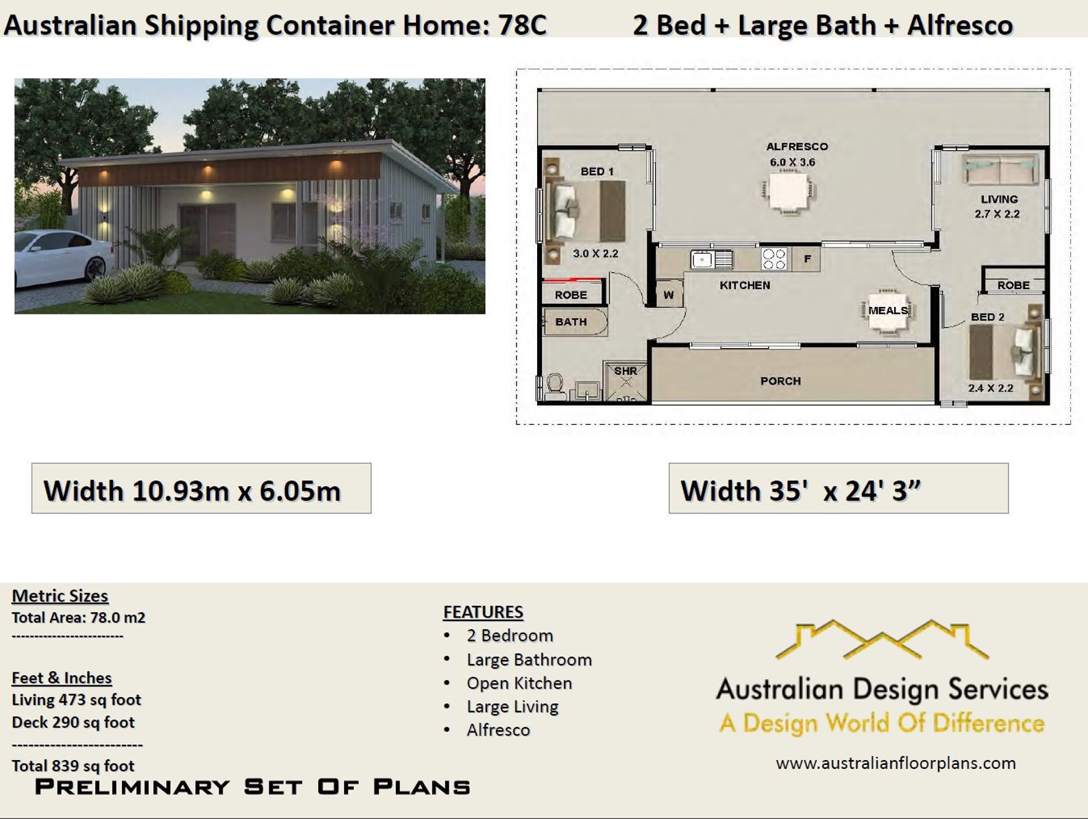 2 Bedroom Container Home Concept Plan | 840sq Foot | 78 M2 | 3 ...