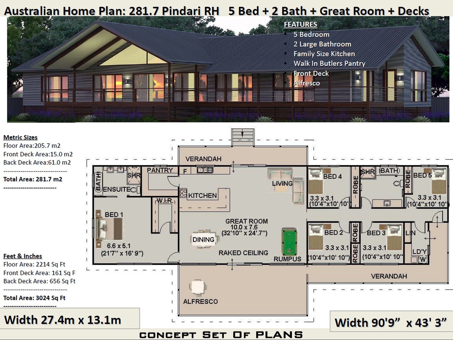 Acreage 5 Bedroom House Plan 281.7 Pindari 281 M2 3024 Sq Foot Country ...