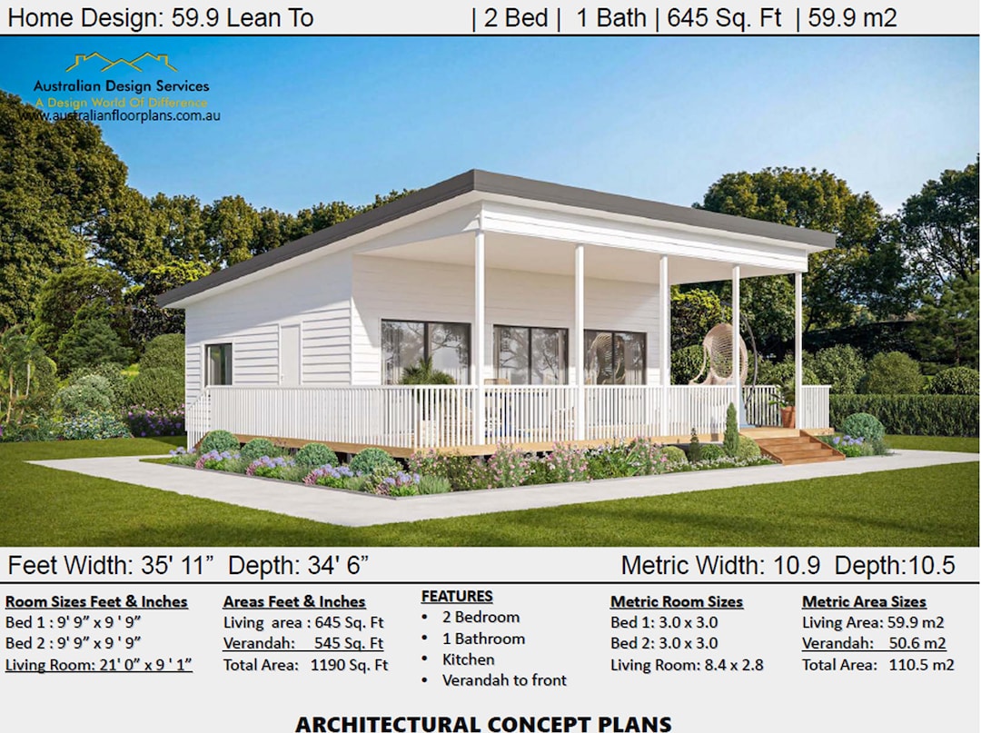 Compact Lean-to Cottage 2 Bedroom House Plans for Sale 59.9 Sq Meters ...