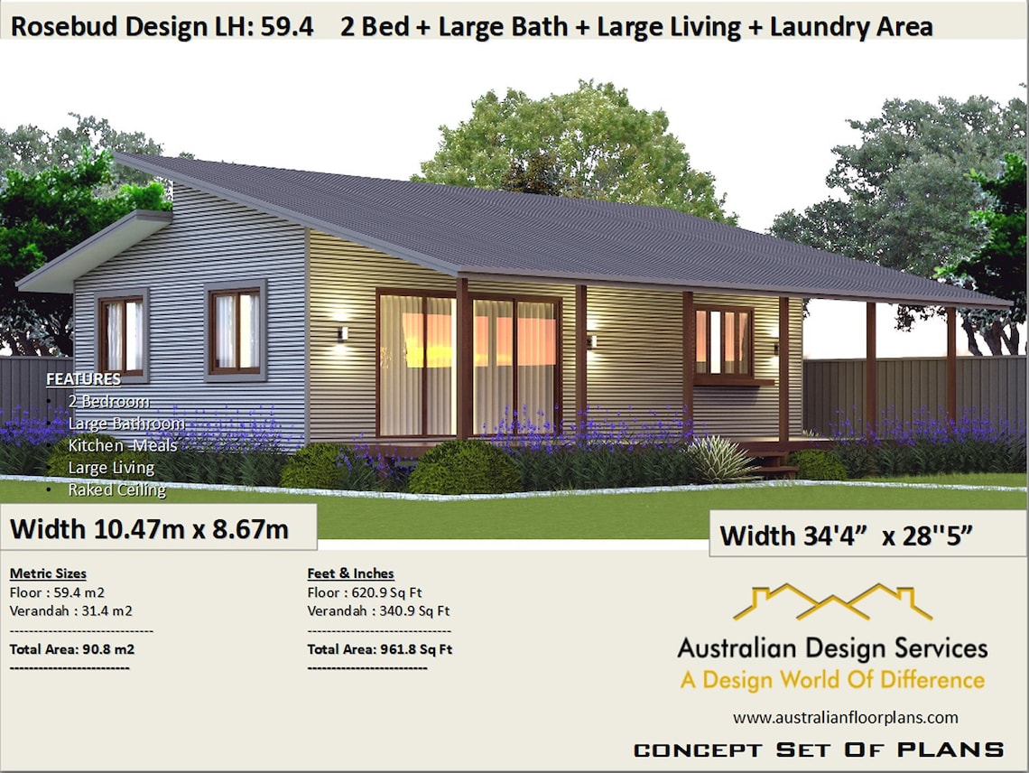 Skillion Roof 2 Bedroom House Plan Rosebud Living Area 59.4 M2 620 Sq ...