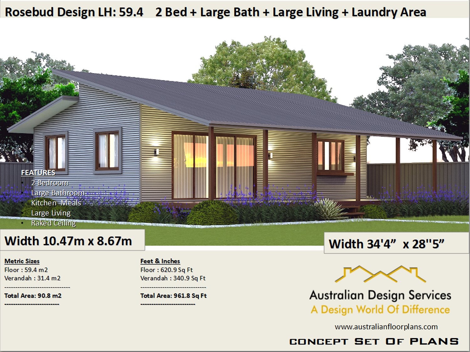 Living Area 59.4 M2 620 Sq. Foot 2 Bedroom House Plan Rosebud Concept ...