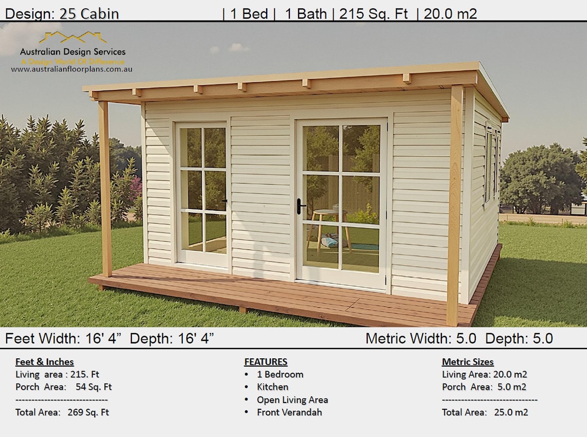 Small Cabin House Plan 25 Cabin - 25 M2 (269 Sq Foot) 1 Bedroom Cabin ...