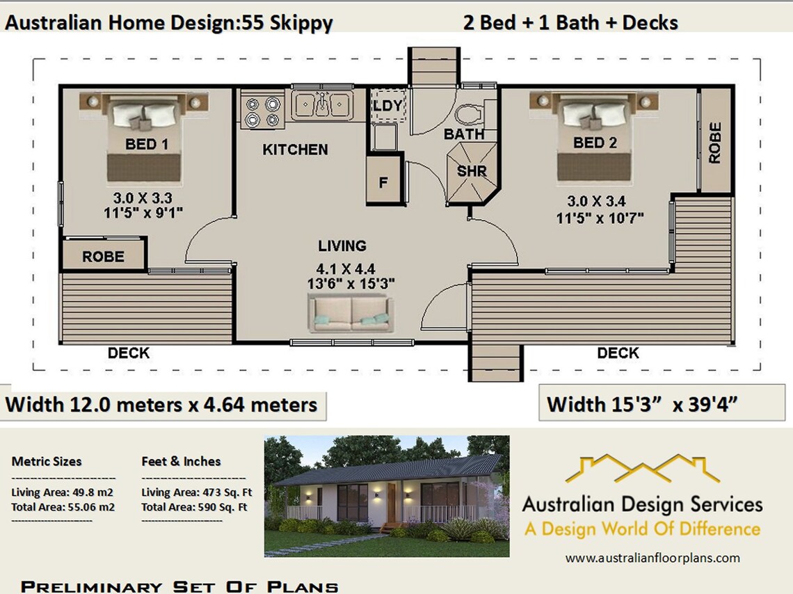 55 Skippy 592 Sq Foot or 55 M2 2 Bedroom Small Home Design | Etsy