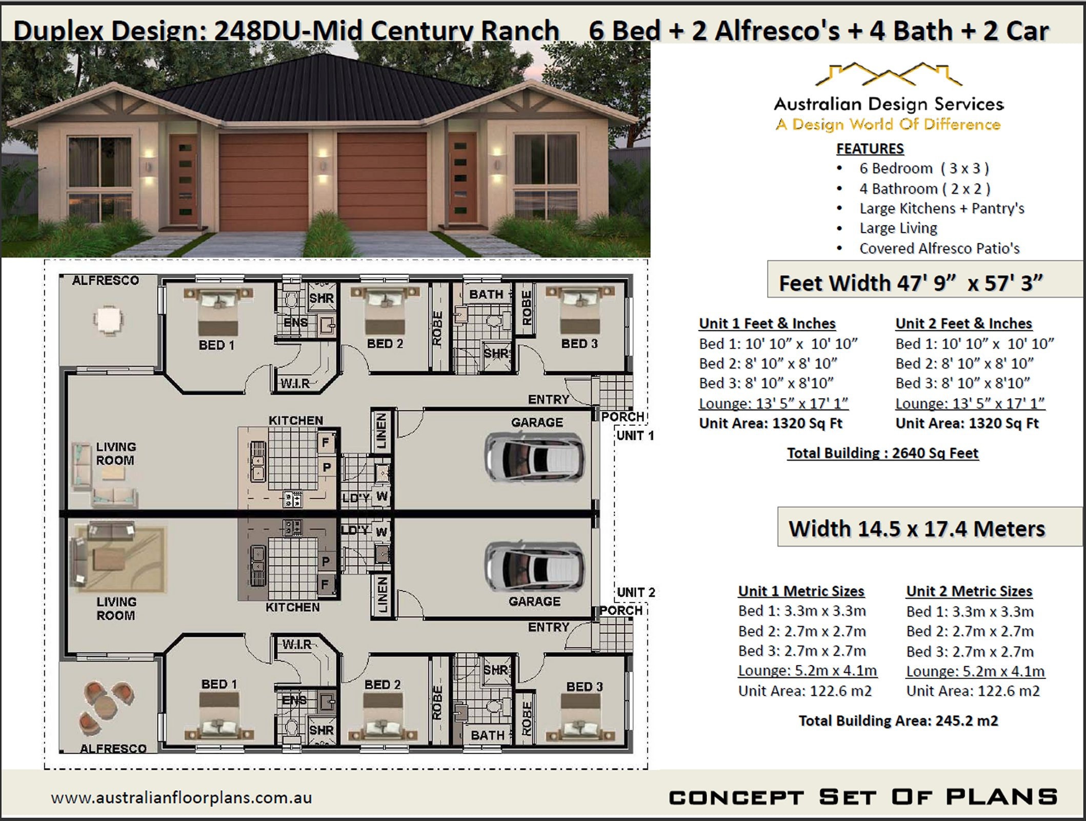 Duplex Design: 248du-mid Century Ranch | 2640 Sq. Foot or 245.2 M2 ...