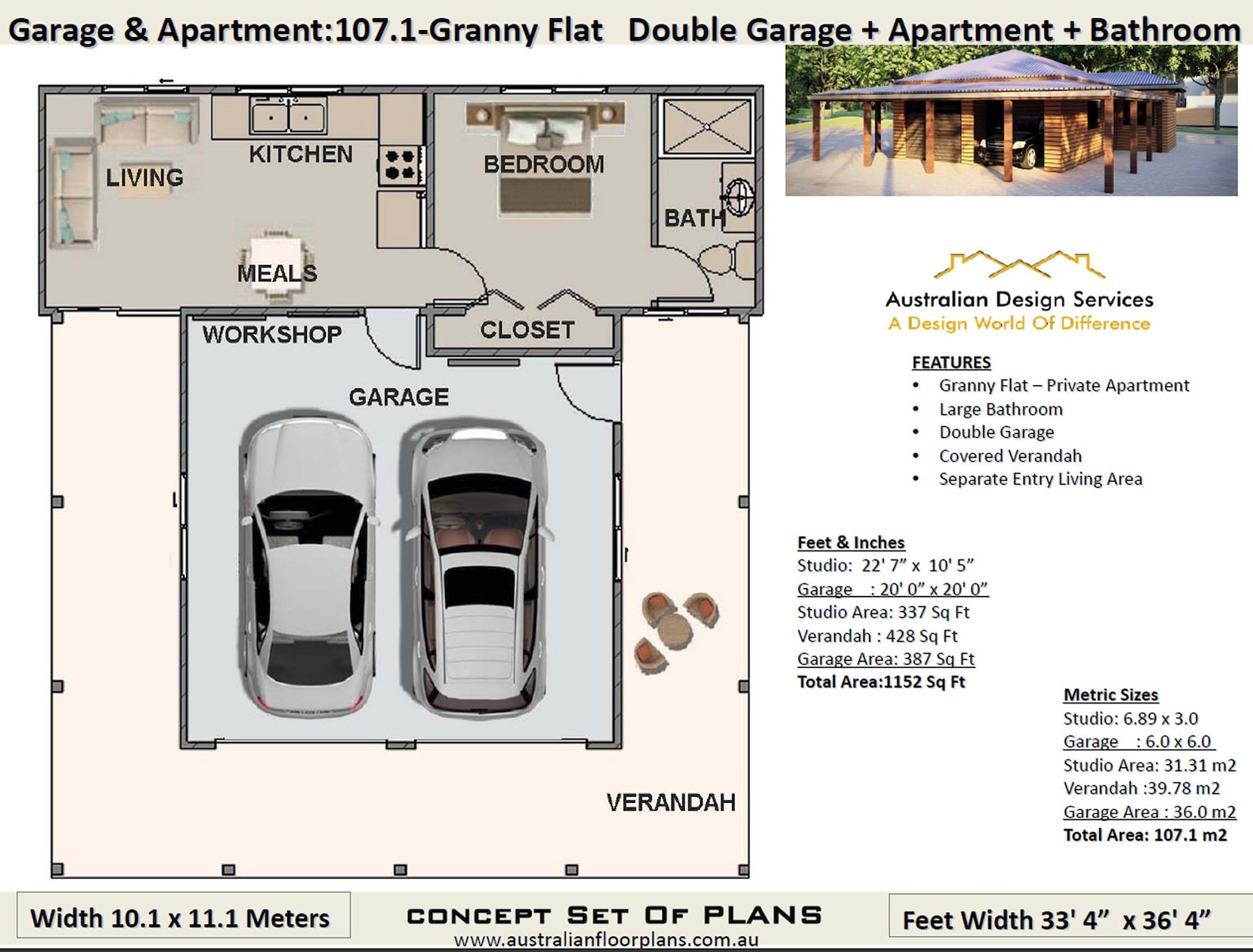 Garage Apartment Plan - Blueprints Area 107.1 M2 | 1152 Sq. Foot | 1 ...