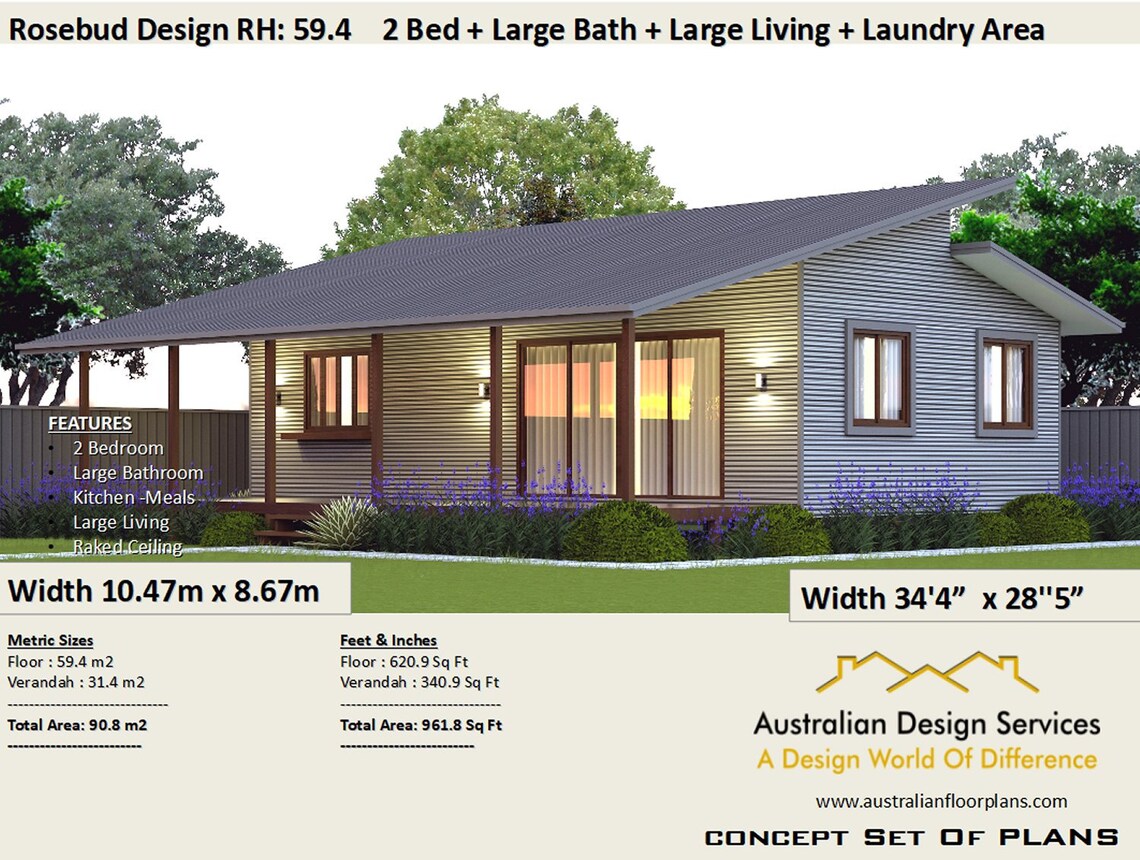Living Area 59.4 M2 620 Sq. Foot 2 Bedroom House Plan Rosebud Concept ...