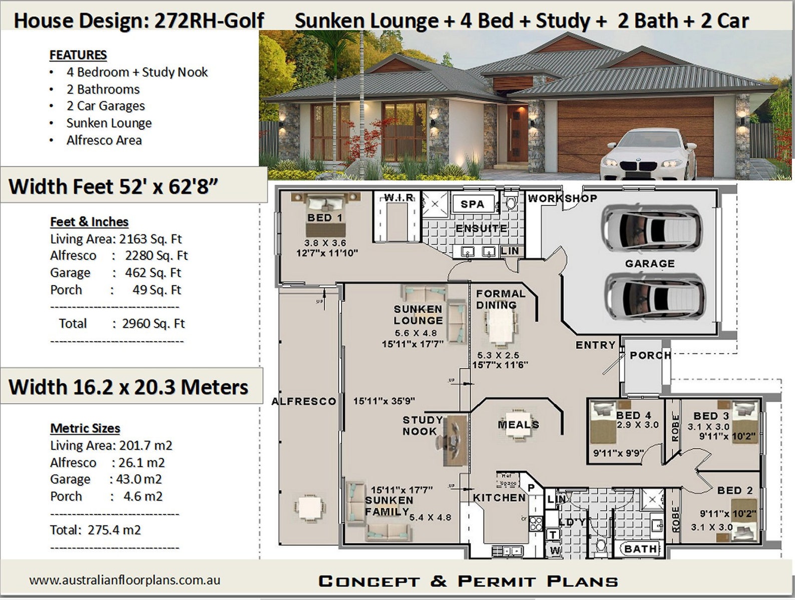 4 Bedroom House Plans 2960 Sq Foot (272 M2) Sunken Lounge + 4 Bedroom ...