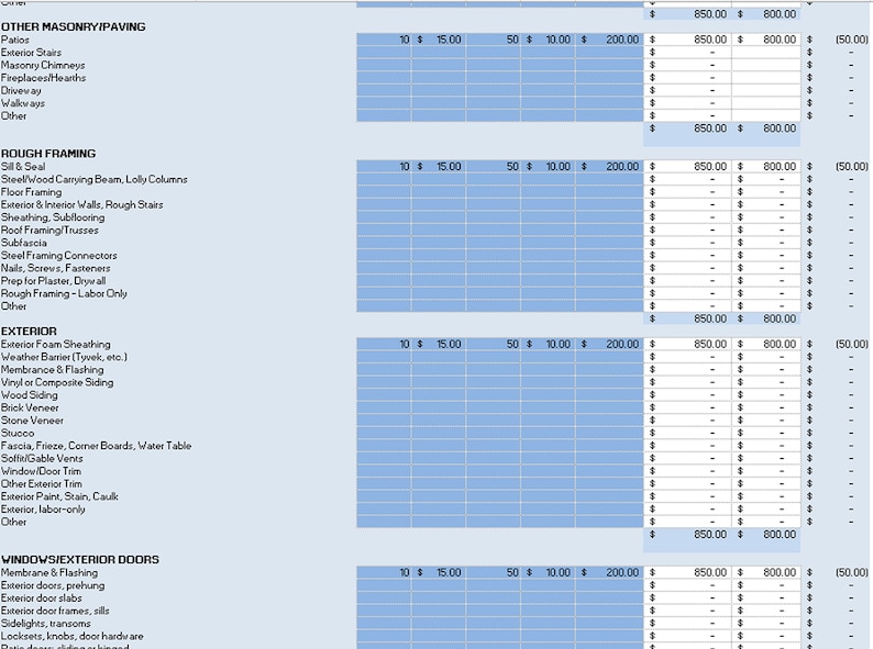 EXCEL- CONSTRUCTION BUDGET Template Cost Breakdown - Ideal for New Home ...