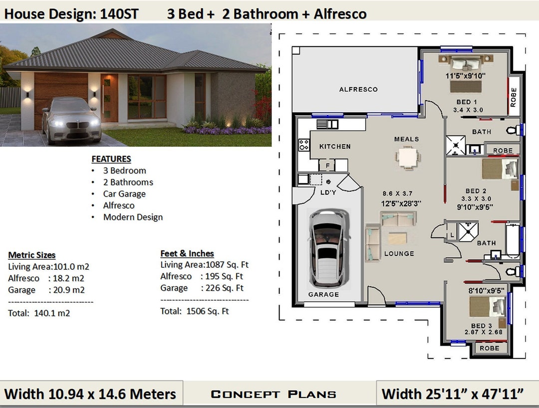 140 M2 | 1506 Sq Foot | 3 Bedroom House Plan 140ST | Concept House ...