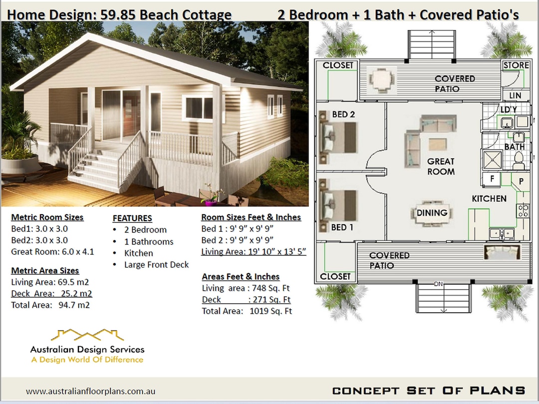 GRANNY FLAT House Plans Small and Tiny Home Design Beach Cottage 2 Bed ...