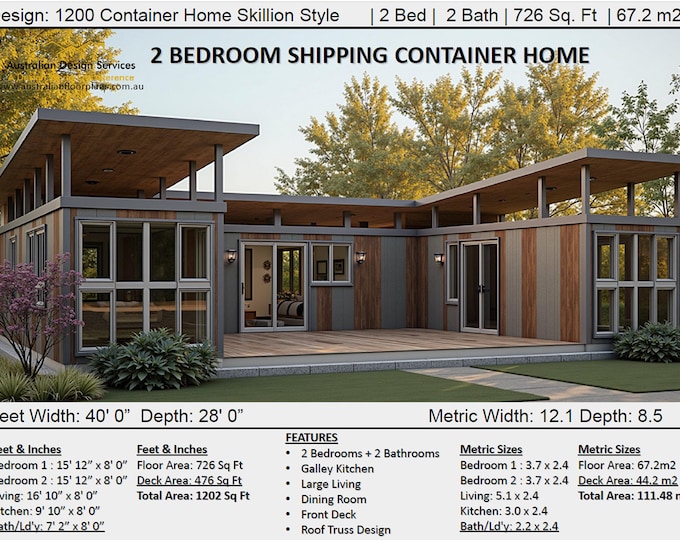 2x40 Container Home Plans - 2 Bed Floor Plans - 640SF Container Home ...