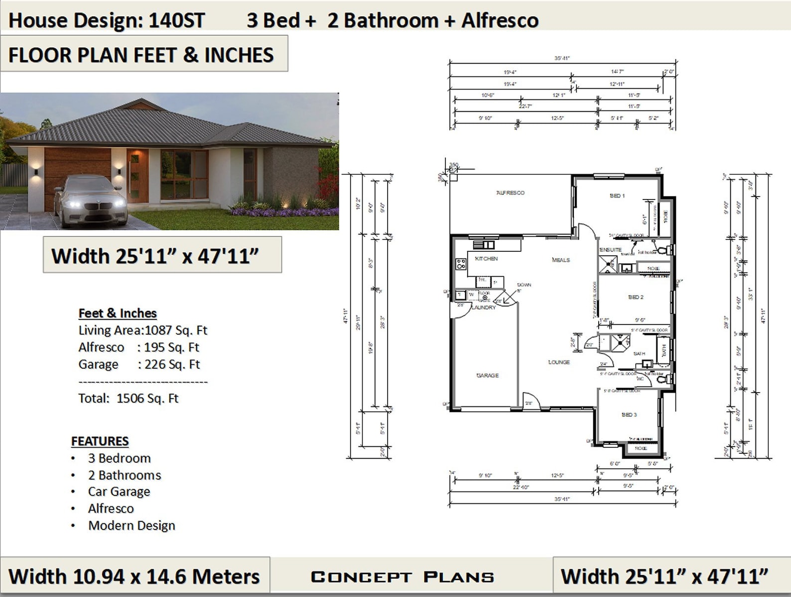 140 M2 | 1506 Sq Foot | 3 Bedroom House Plan 140ST | Concept House ...