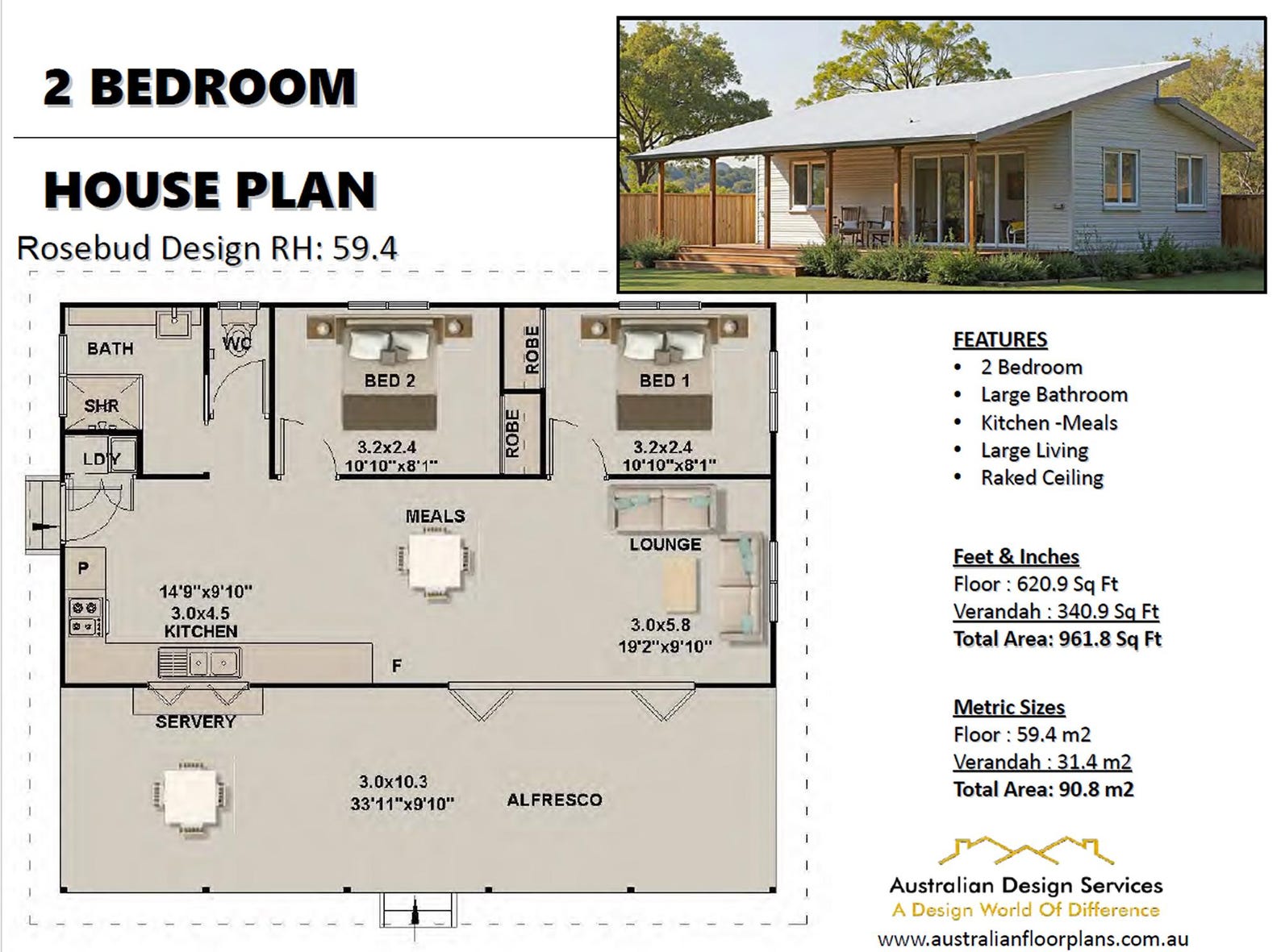 Skillion Roof 2 Bedroom House Plan Rosebud | Living Area 59.4 M2 | 620 ...