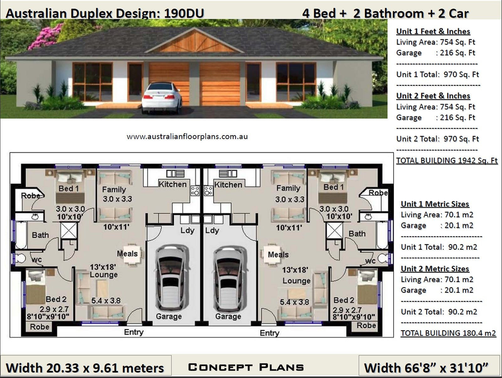 Affordable Multi-family Home 4-bedroom Duplex Design 1942 Sq. Ft. 190 ...