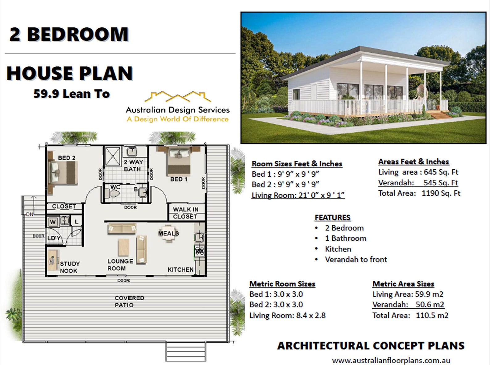 Compact Lean-to Cottage - 2 Bedroom House Plans for Sale | 59.9 Sq ...
