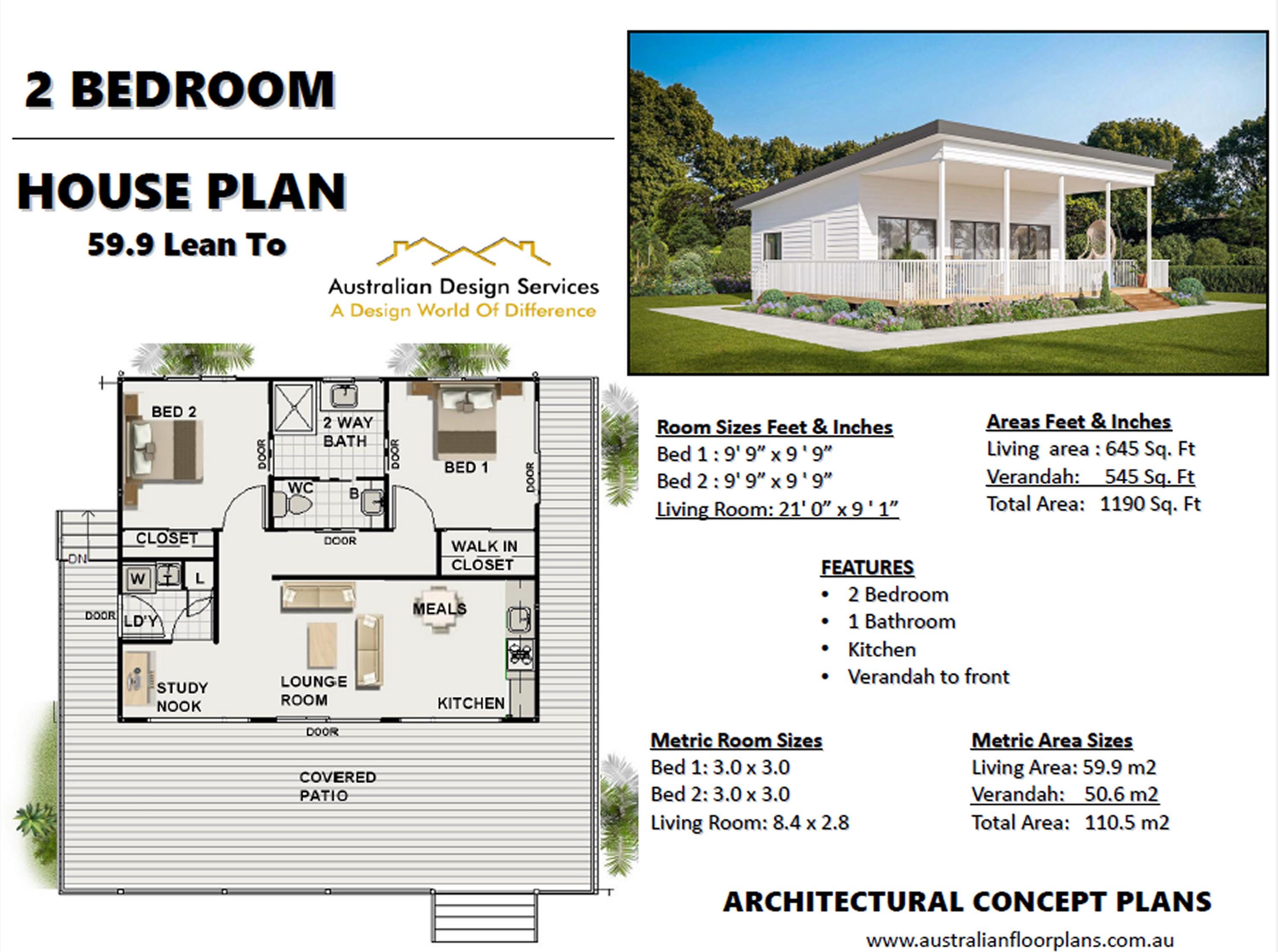 Compact Lean-to Cottage - 2 Bedroom House Plans for Sale | 59.9 Sq ...