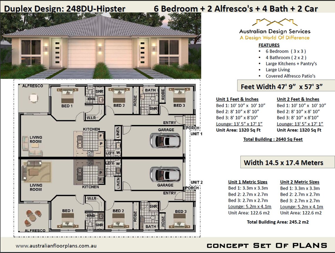 Hipster 6 Bed Duplex Plans | 2640 Sq. Foot or 245.2 M2 | Narrow Land 6 ...