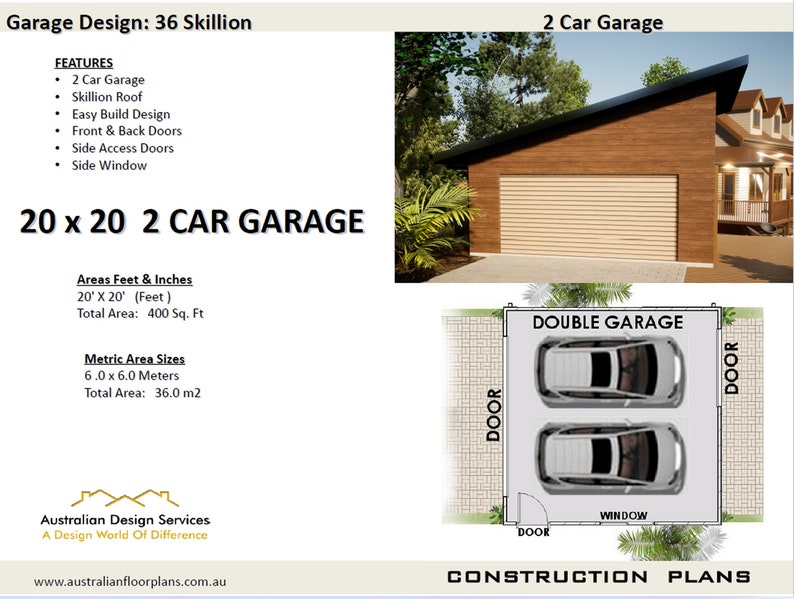 Detached 20'x20' Two Car Garage Architectural Plans - Etsy