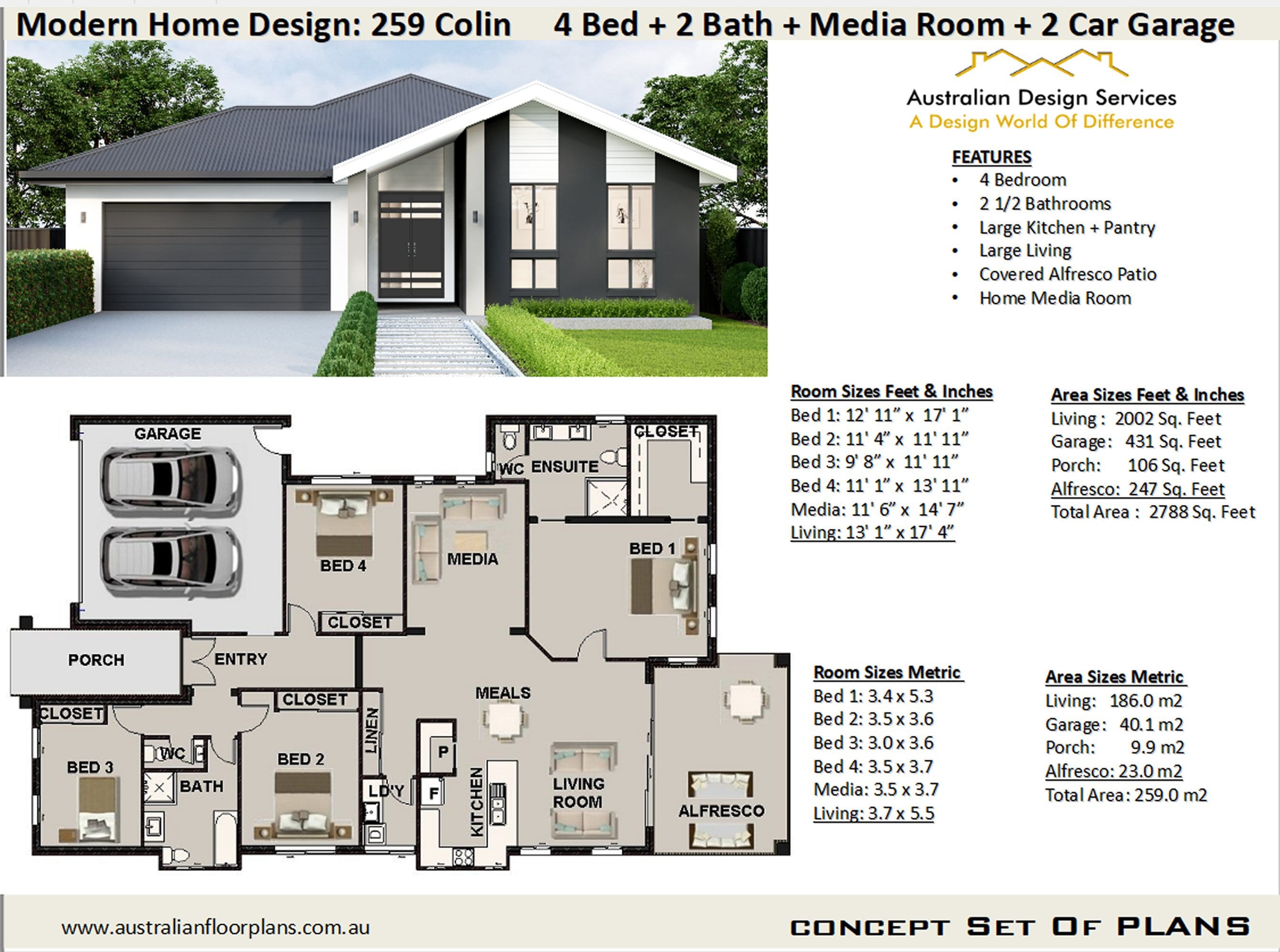 4 Bedroom MODERN HOUSE PLANS 186 M2 / 2002 Sq. Feet 4 Bedroom / Modern ...