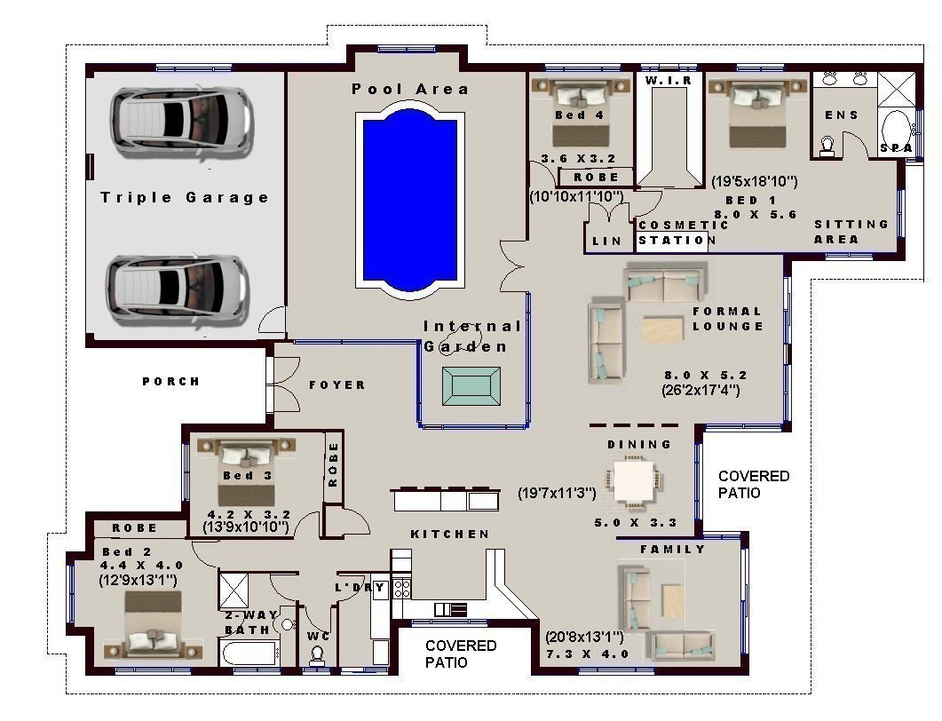 One Floor 4 Bedroom House Blueprints