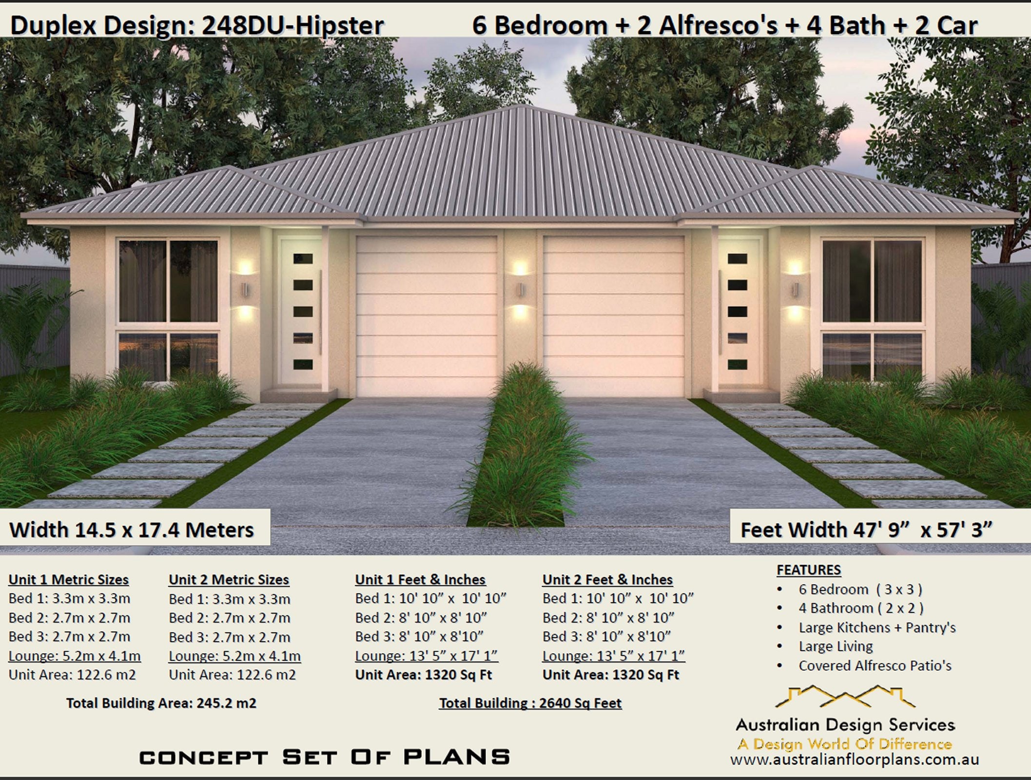 Hipster 6 Bed Duplex Plans | 2640 Sq. Foot or 245.2 M2 | Narrow Land 6 ...