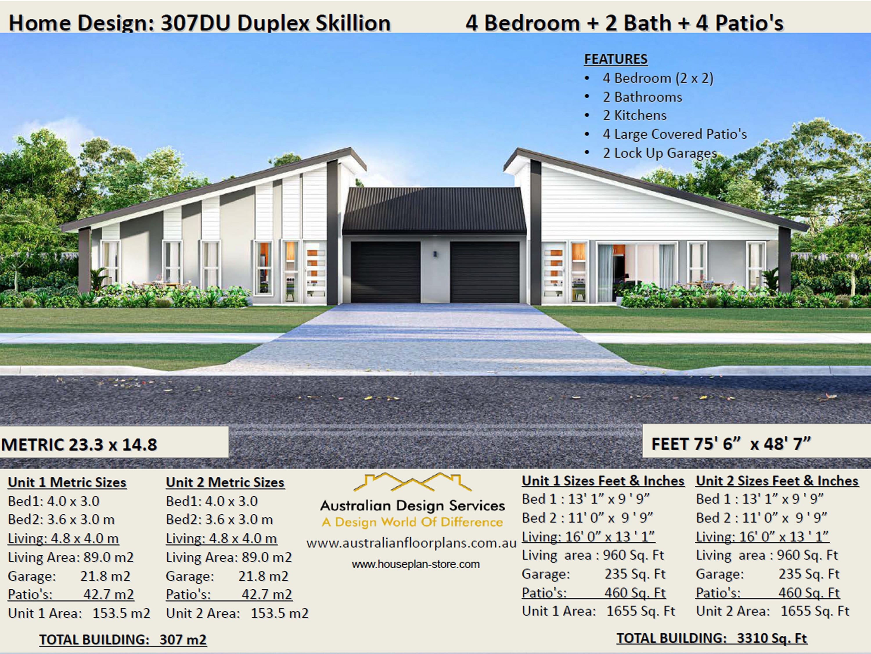 DUPLEX HOME DESIGN 4 Bed 2 Bath Modern Skillion Roof Design - Etsy