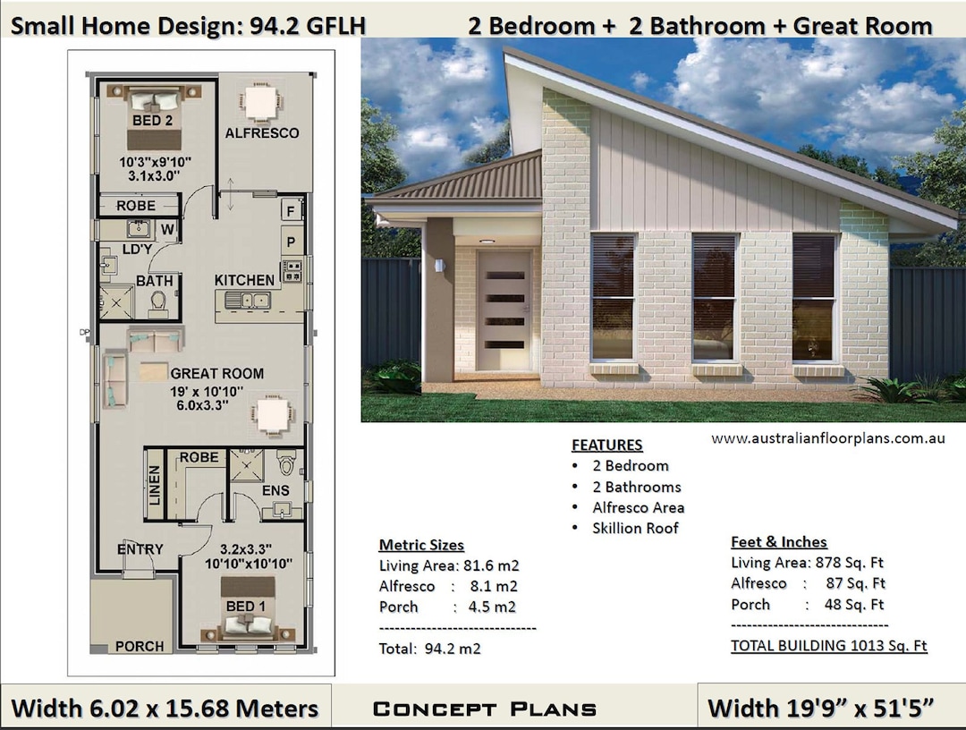 Small House Plan 1000 Sq Foot (94.2 Sq Meters) | 2 Bedroom House Plan ...