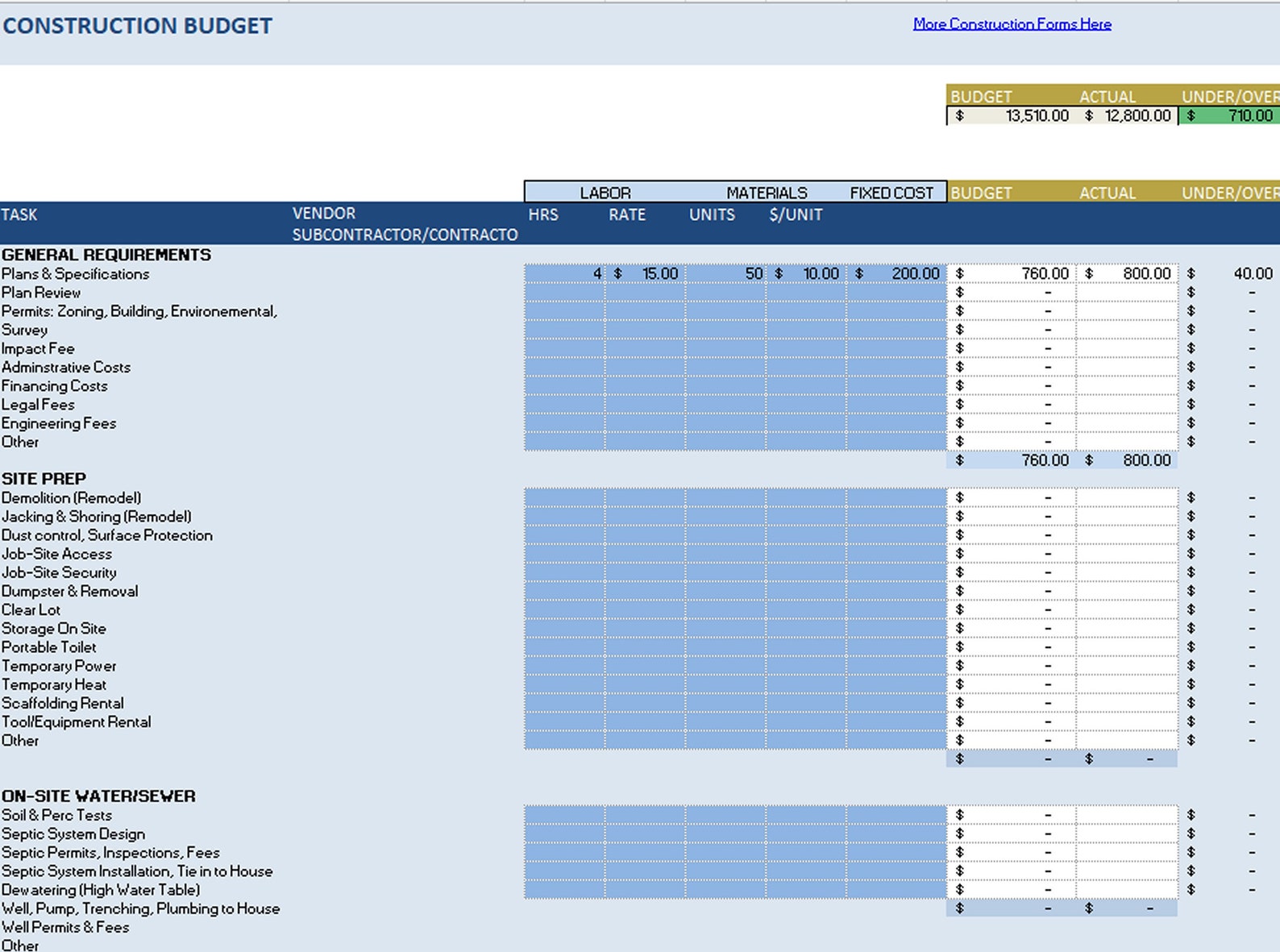 EXCEL- CONSTRUCTION BUDGET Template Cost Breakdown - Ideal for New Home ...