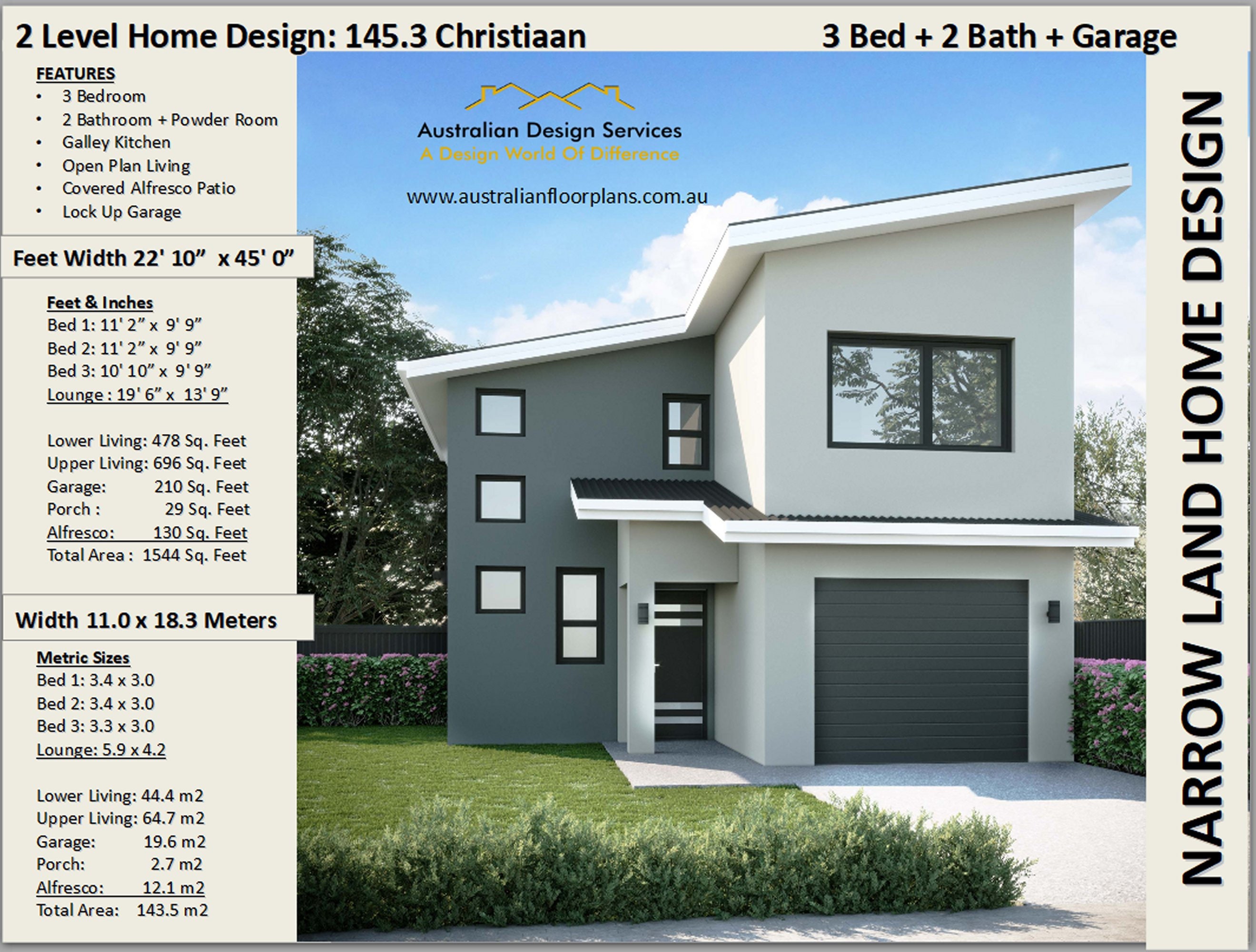 143 M2 /1544 Sq. Feet 3 Bedroom Narrow 2 Storey Design/narrow Lot Plan ...