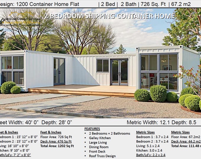 2x40 Container Home Plans - 2 Bed Floor Plans - 640SF Container Home ...