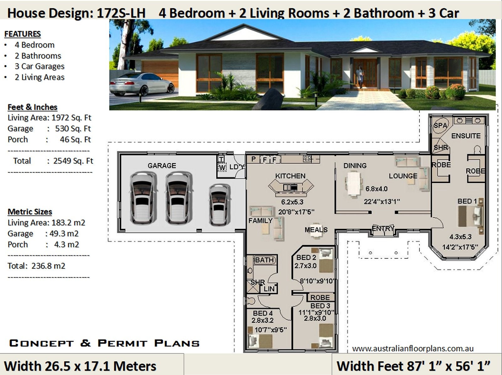 4 Bedroom House Plan 2549 sq. feet or 236 m2 4 Bed home | Etsy