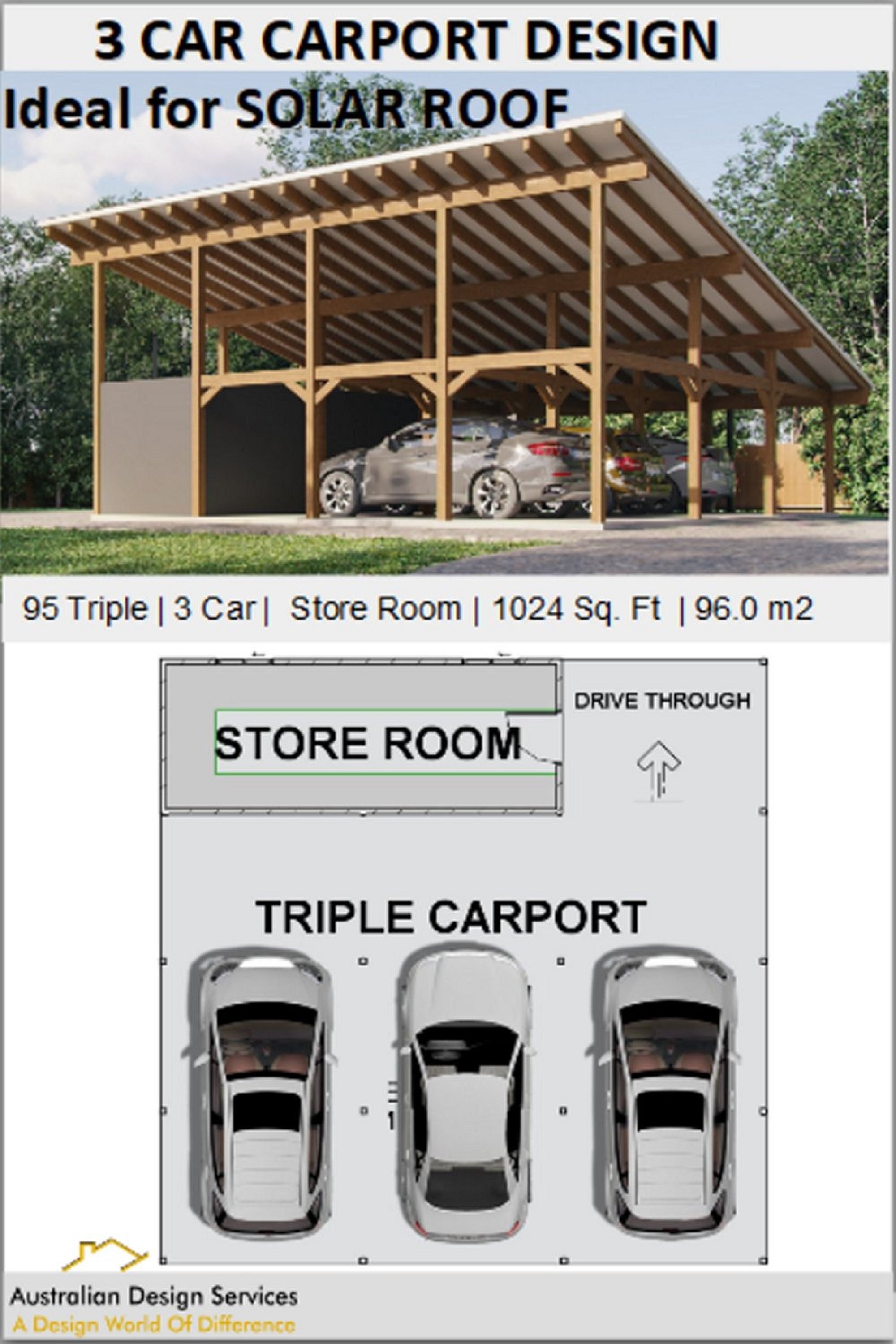 32 X 32 - (9.8 Meters X 9.8 Meters) 3 CAR CARPORT PLANS - Building ...