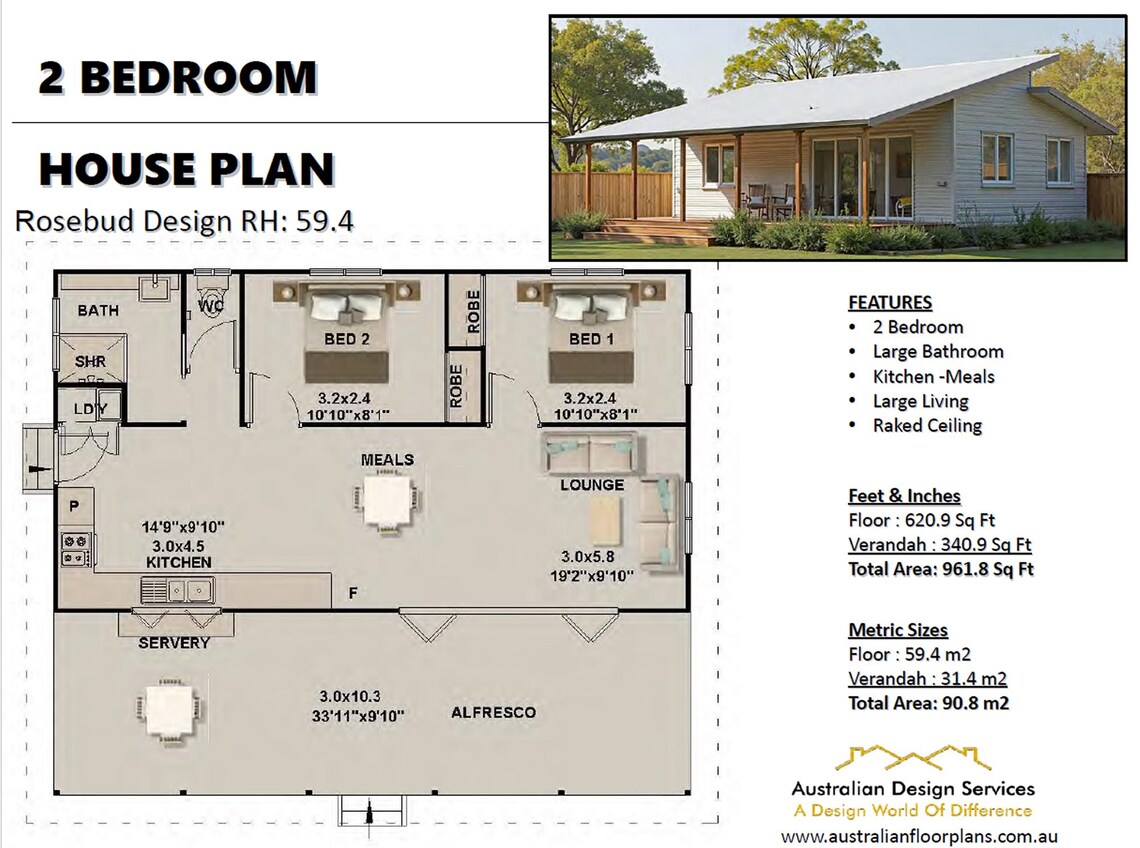 Living Area 59.4 M2 | 620 Sq. Foot | 2 Bedroom House Plan Rosebud ...