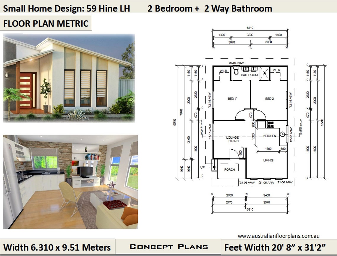 60 m2 685 sq foot 2 Bedroom house plan 59 Hine - Etsy España